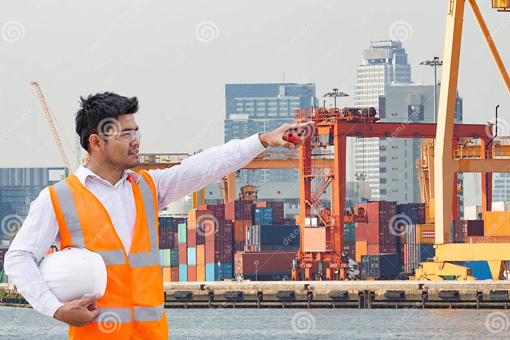 Port Engineer Standing in Front of the Industrial Harbor Stock Photo ...