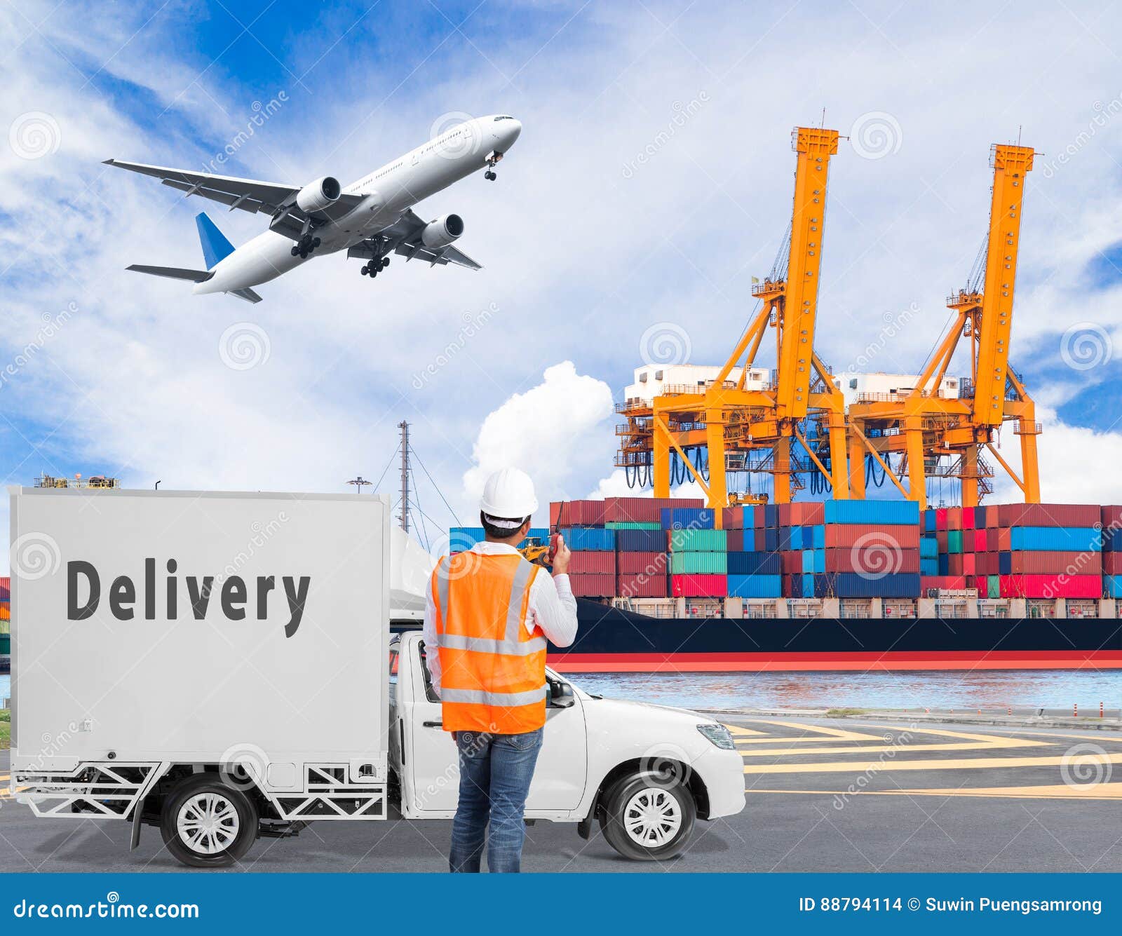 Port Engineer Talking On The Walkie-talkie For Controlling Loading ...