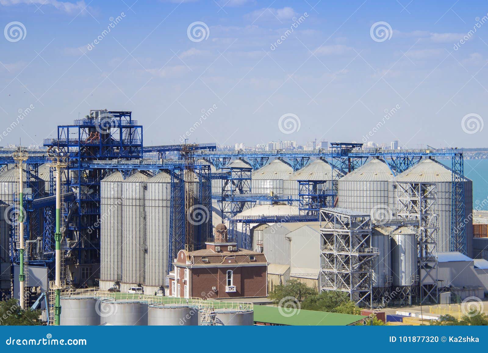 Port Grain Elevator. Industrial Sea Trading Port Bulk Cargo Zone Grain ...