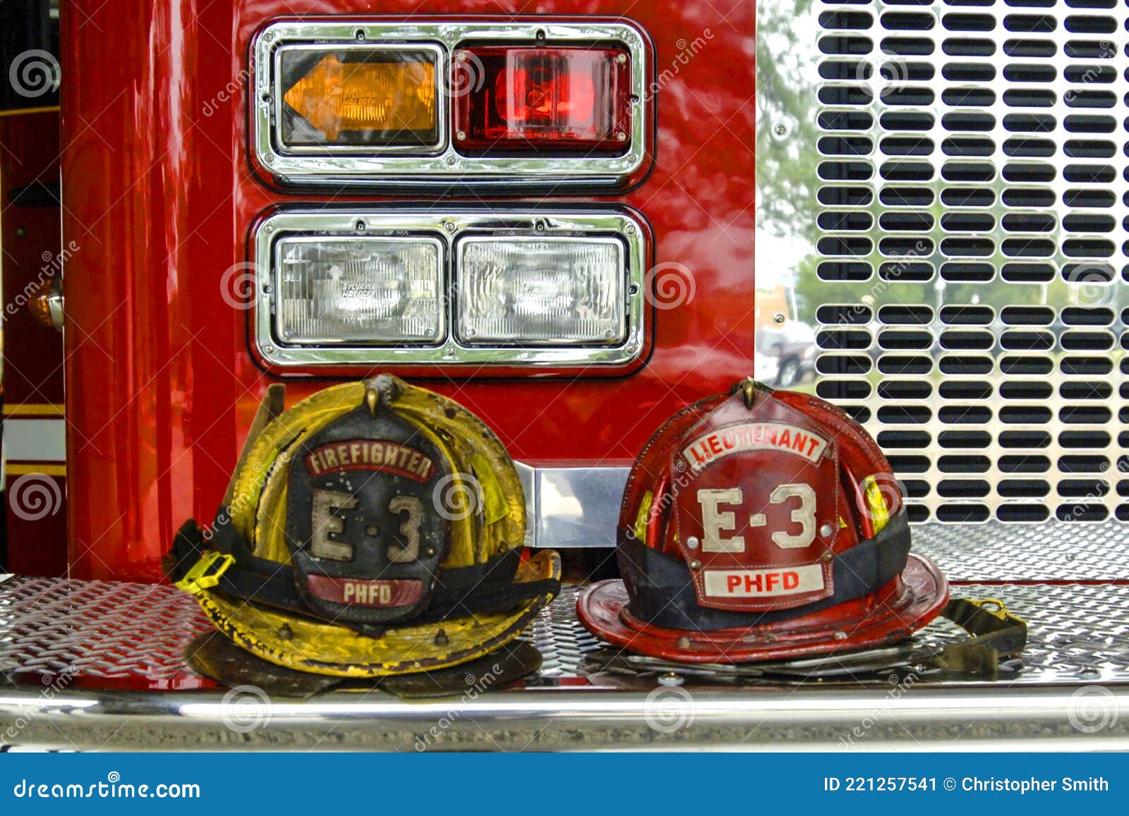 Fire Fighters Helmets Sit on the Front of a Fire Truck Editorial Photo ...