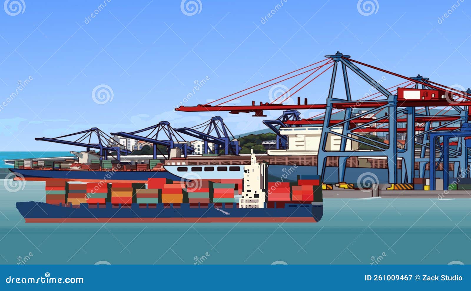 Port Illustration with Blue Background Stock Image - Image of ship ...