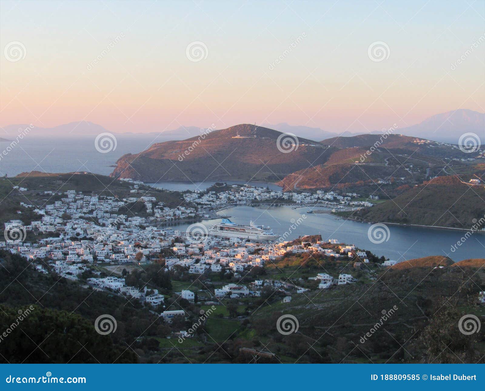 Port of Patmos, Greece at Sunset Stock Image - Image of lake, dock ...
