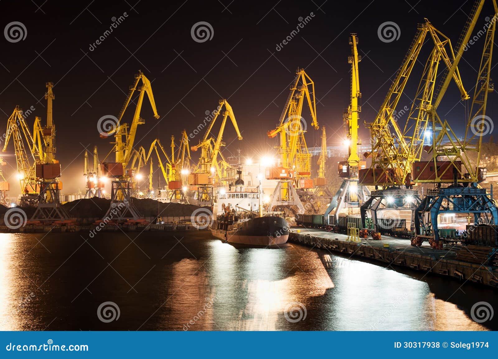 Port and ship at night stock photo. Image of delivery - 30317938