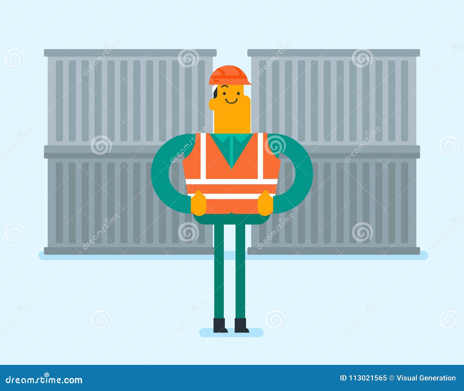 Port Worker Standing On Cargo Container Background Cartoon Vector ...
