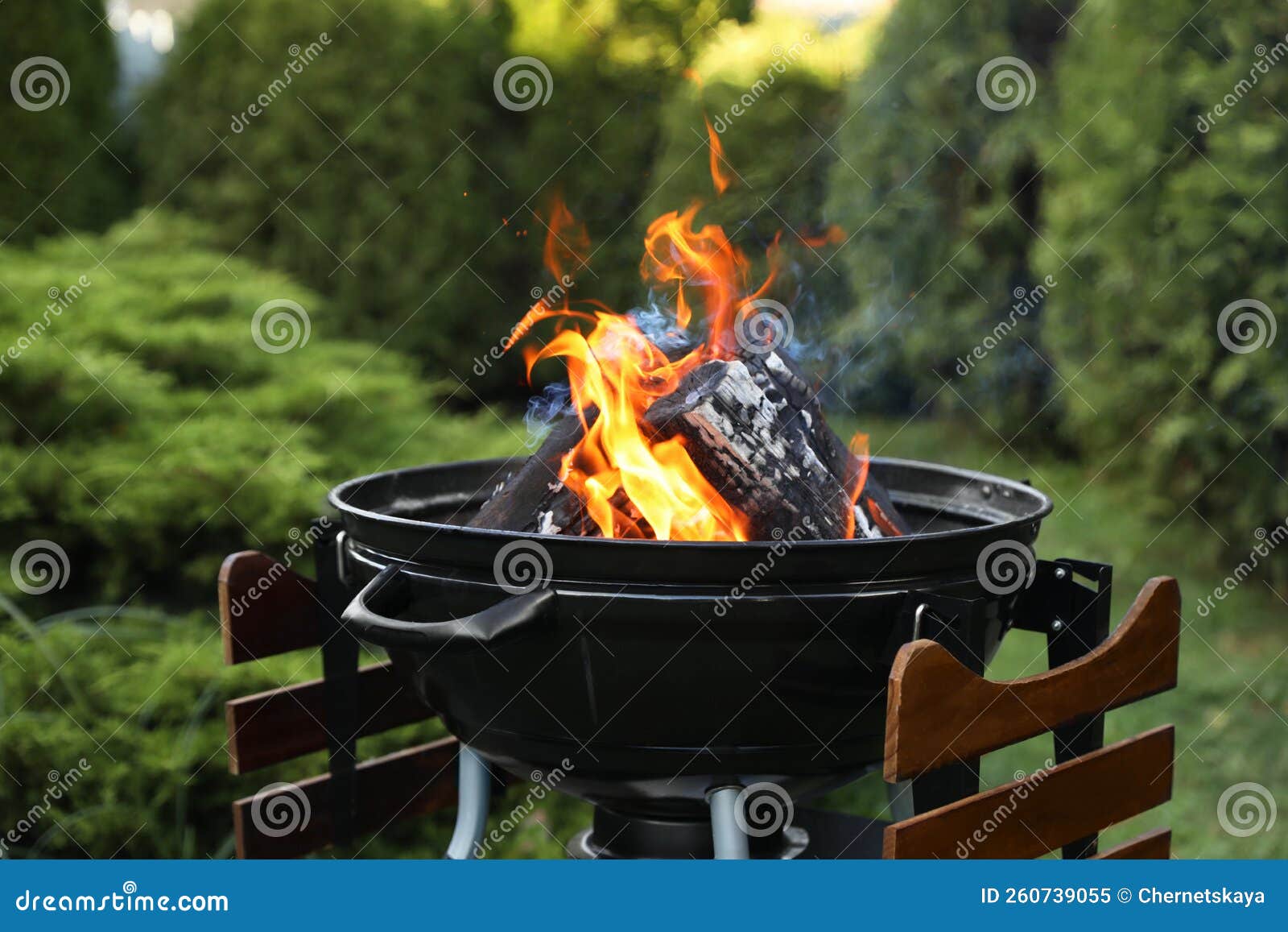 Portable Barbecue Grill with Fire Flames Outdoors, Closeup Stock Image ...