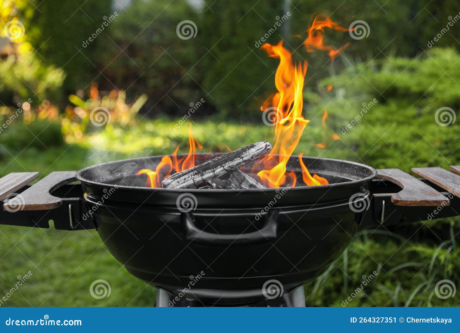 Portable Barbecue Grill with Fire Flames Outdoors, Closeup Stock Image ...