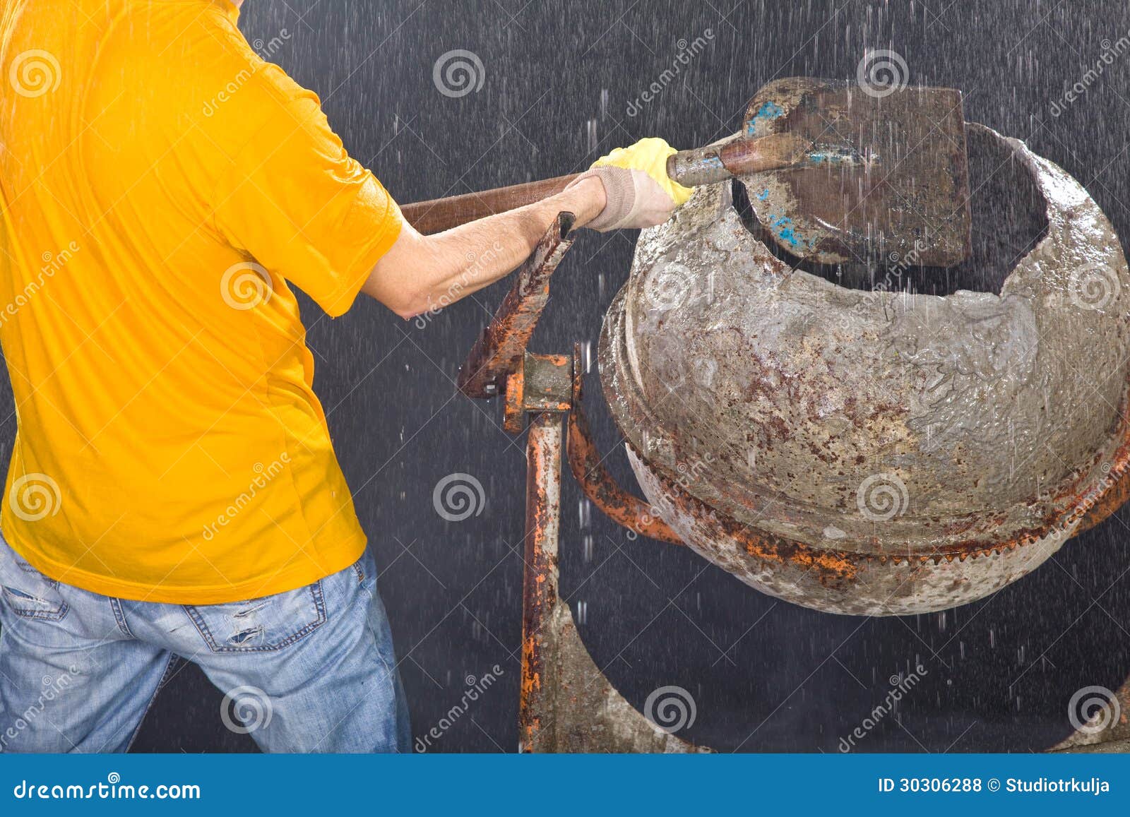Worker Putting Sand in Cement Mixer Stock Photo - Image of machine ...