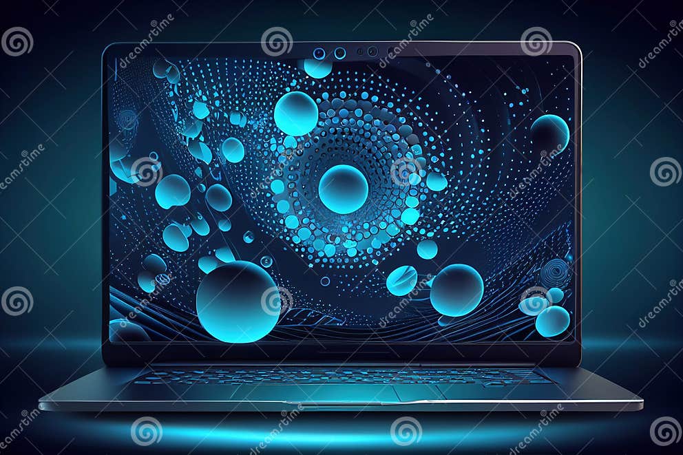 A Portable Computer with a Abstraction Screen. Technological Bac Stock ...