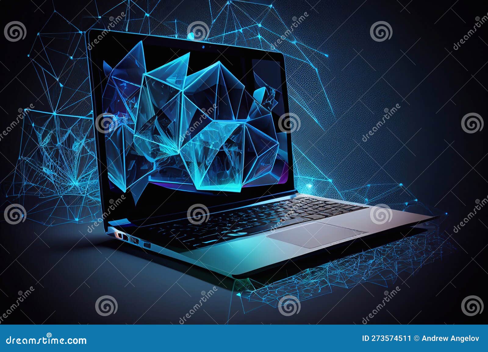 A Portable Computer with a Abstraction Screen. Technological Bac Stock ...