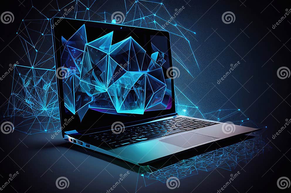 A Portable Computer with a Abstraction Screen. Technological Bac Stock ...