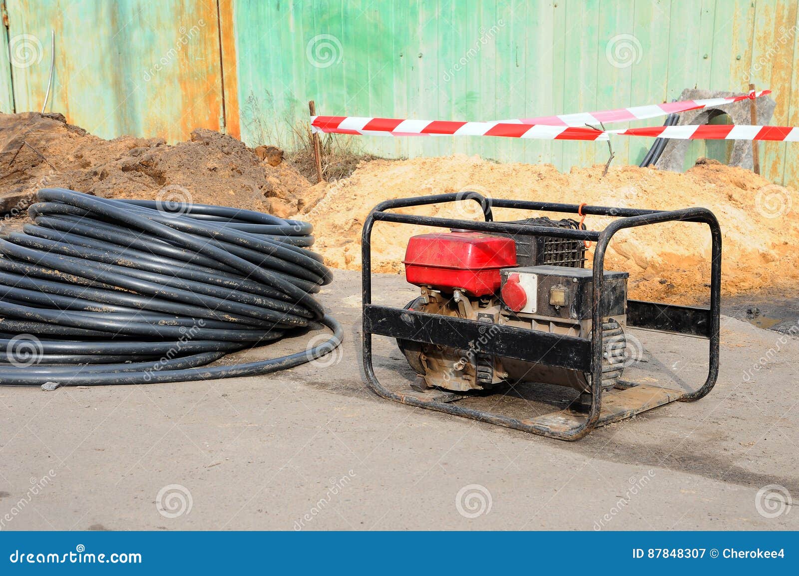 Portable Electric Generator. Repair of Road Work. Stock Image - Image ...