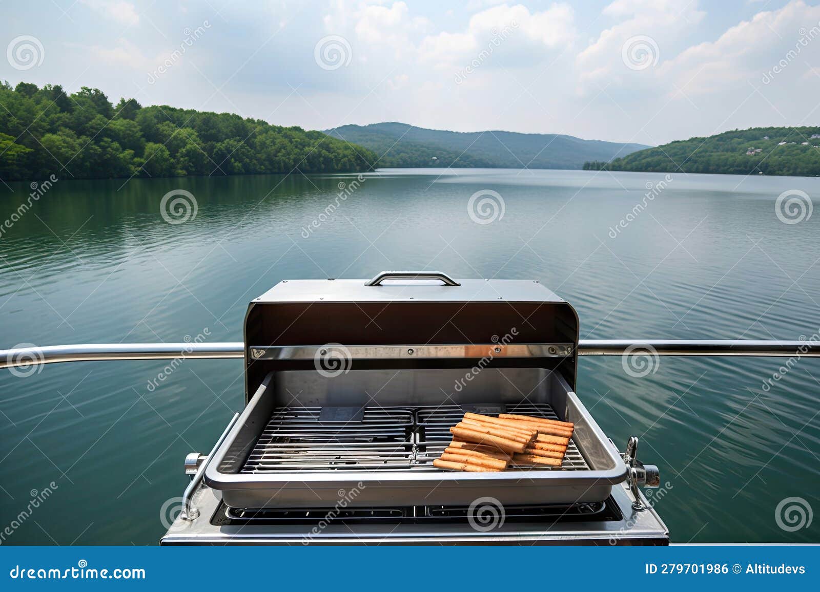 Portable Grill on Boat, with View of Tranquil Lake Stock Illustration ...