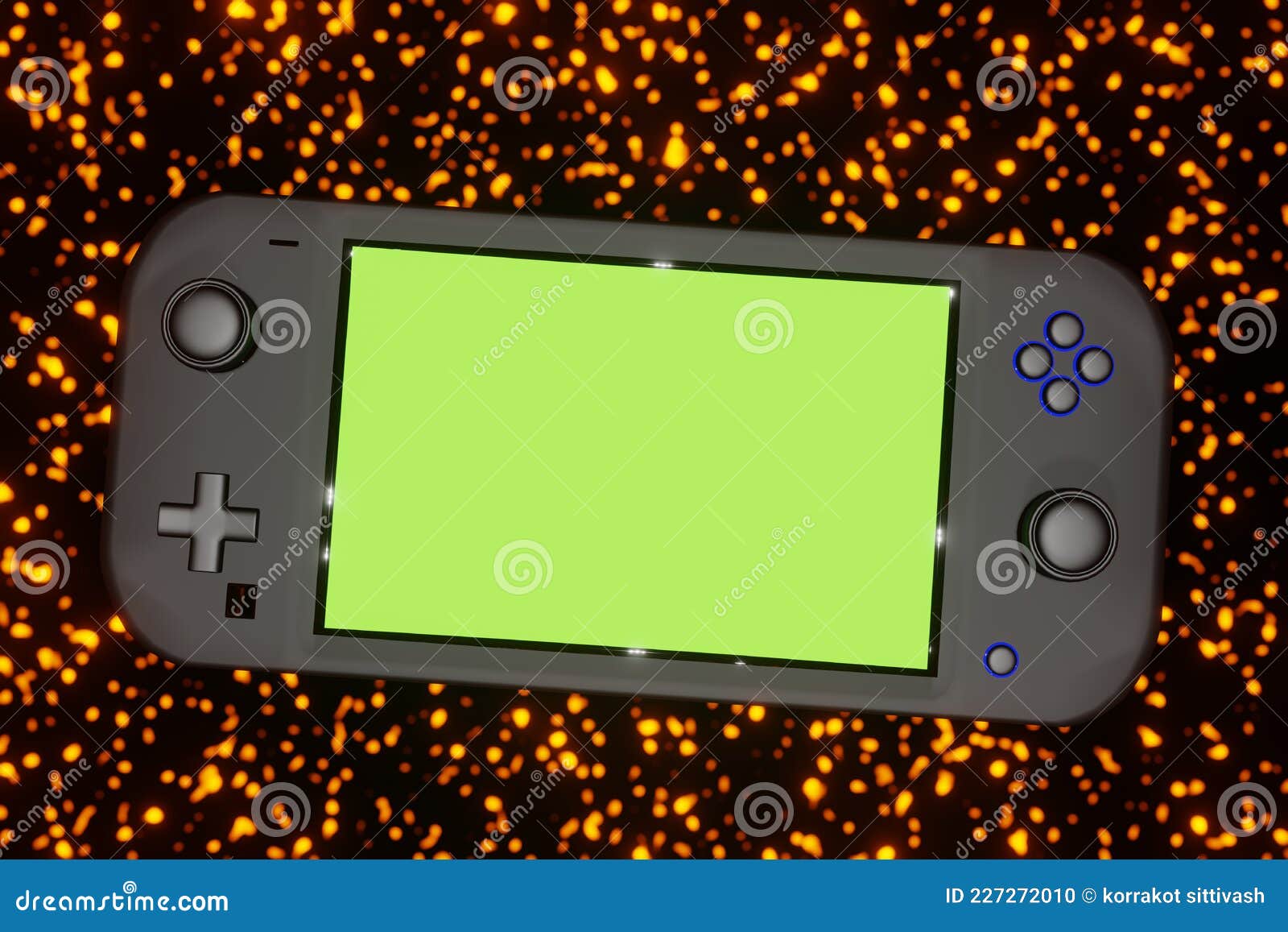 Portable Handheld Game Console Flying On Fire Background 3D Rendering ...