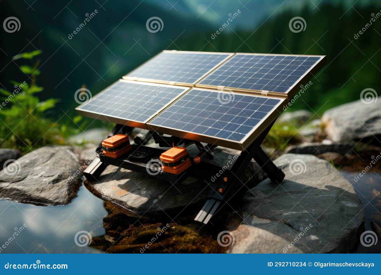 Portable Mobile Solar Battery Stands in Nature in the Mountains Stock ...