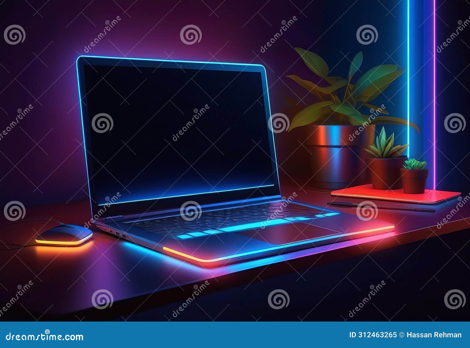 A Portable Neon Computer with a Blank Screen and a Desk in a Dark Room ...