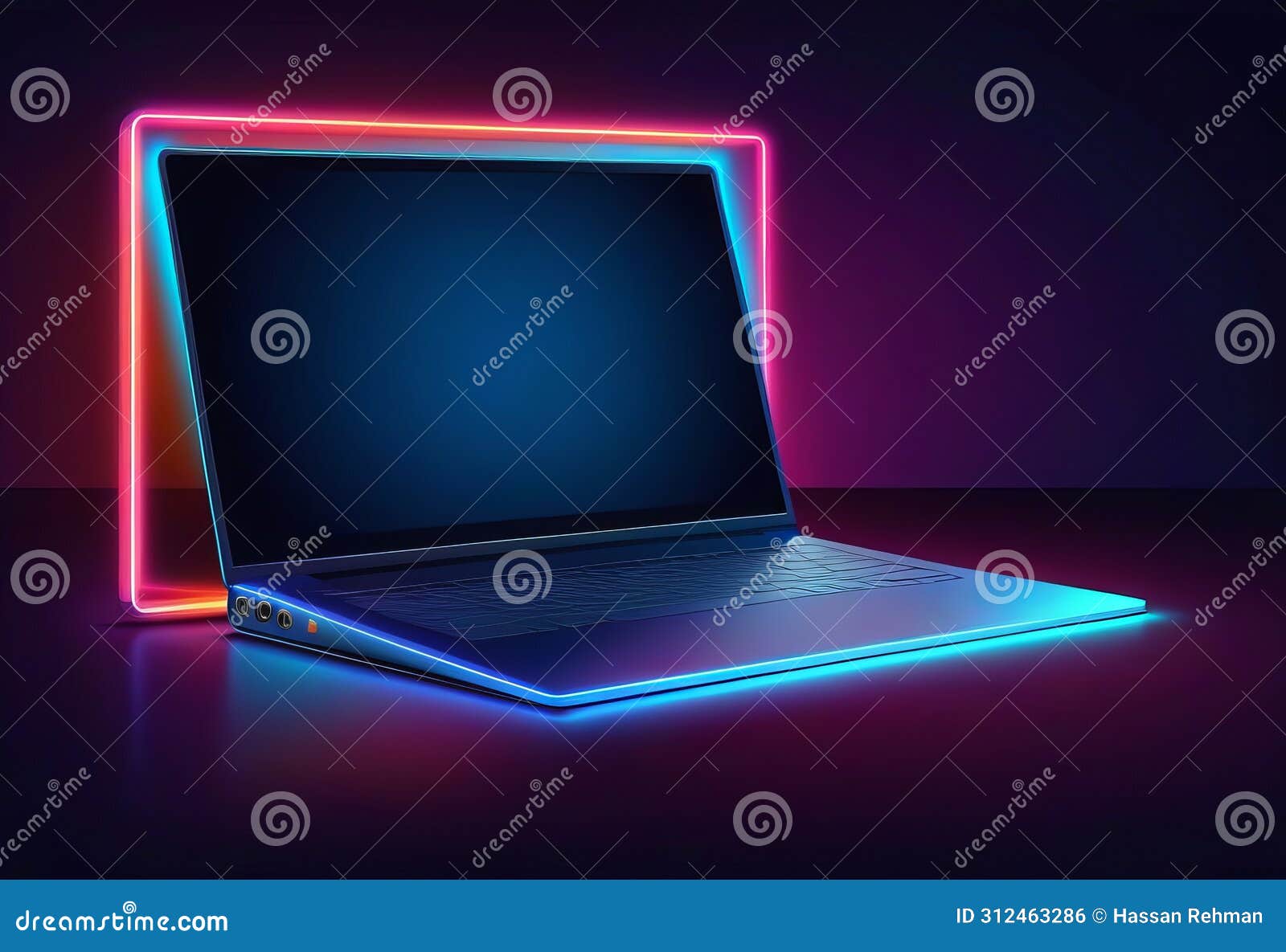 A Portable Neon Computer with a Blank Screen and a Desk in a Dark Room ...