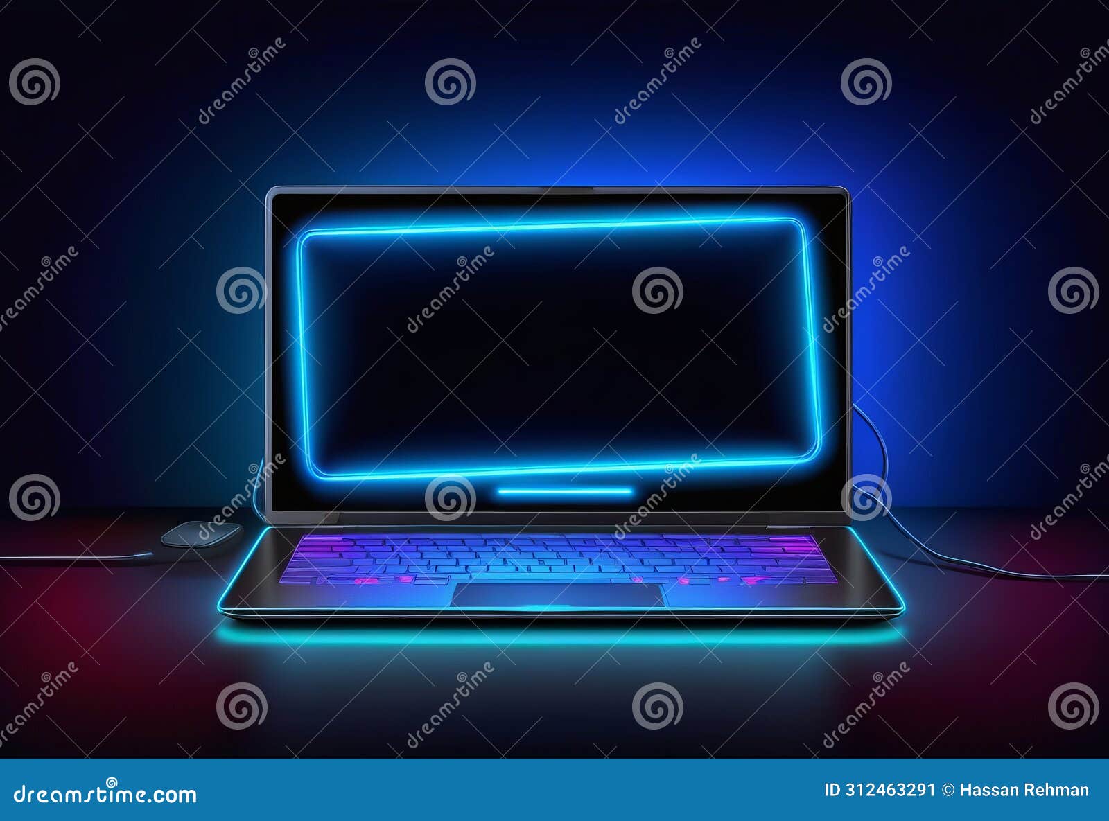 A Portable Neon Computer with a Blank Screen and a Desk in a Dark Room ...