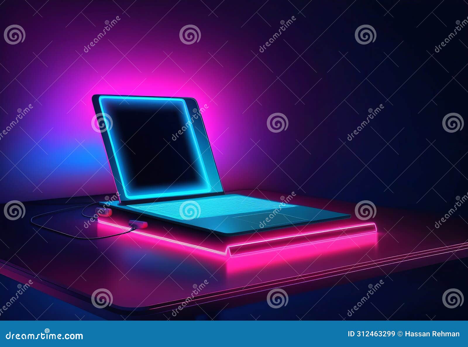 A Portable Neon Computer with a Blank Screen and a Desk in a Dark Room ...