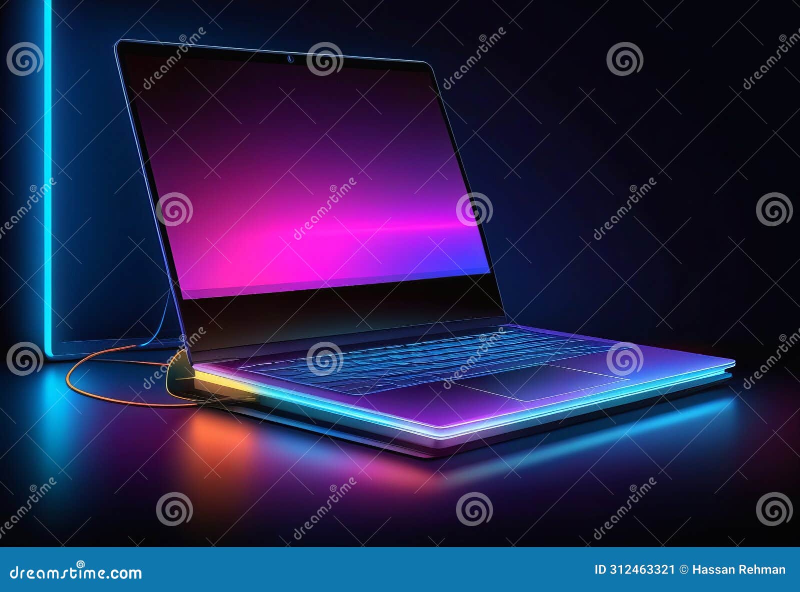 A Portable Neon Computer with a Blank Screen and a Desk in a Dark Room ...