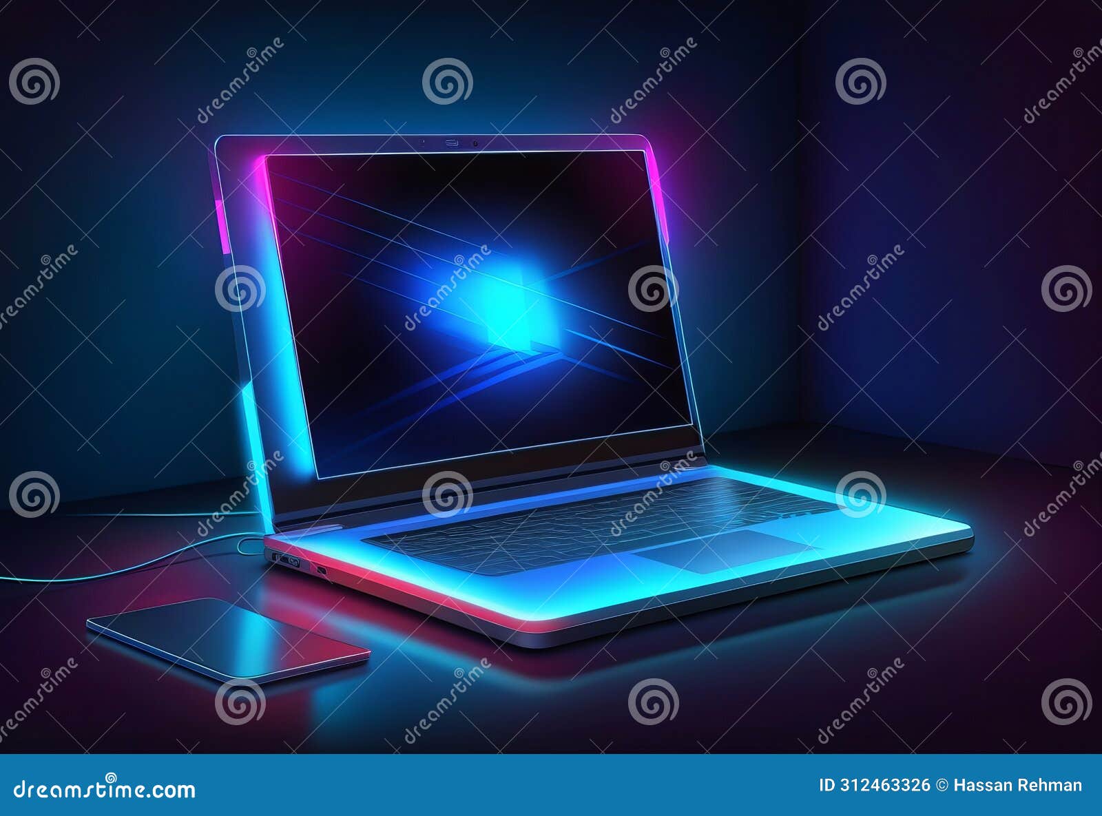 A Portable Neon Computer with a Blank Screen and a Desk in a Dark Room ...