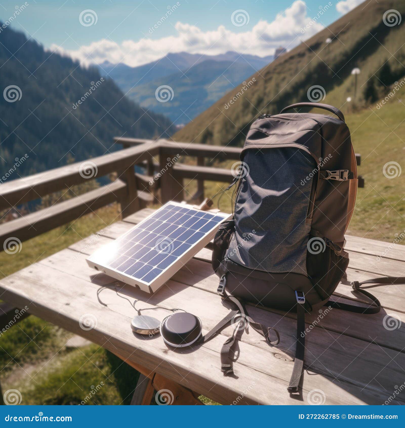 Portable Solar Panel Charging Mobile Device on Rustic Table, Backpack ...