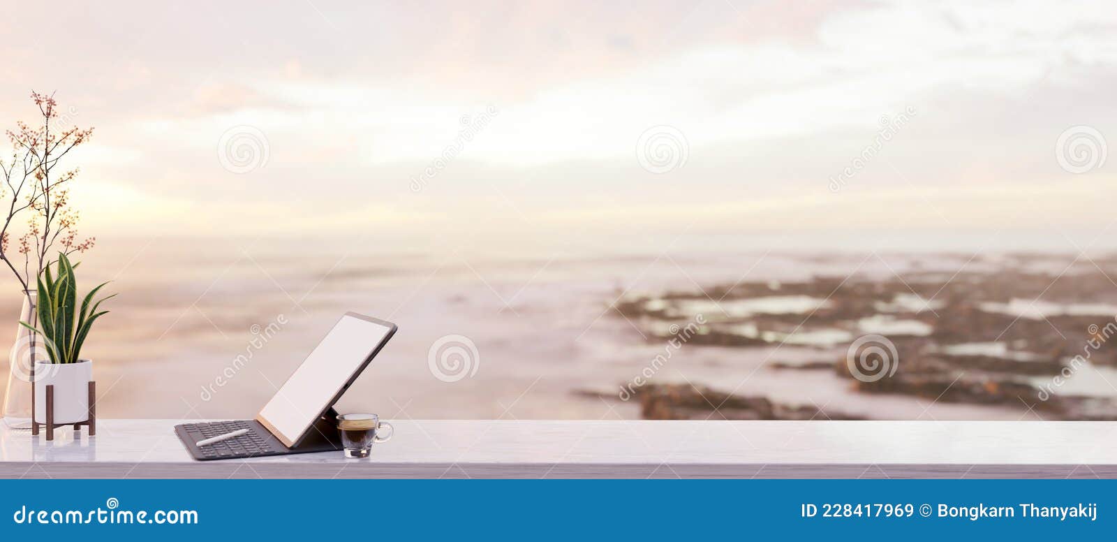 Portable Tablet on Light Wood Tabletop with Space, Blurred Ocean View ...