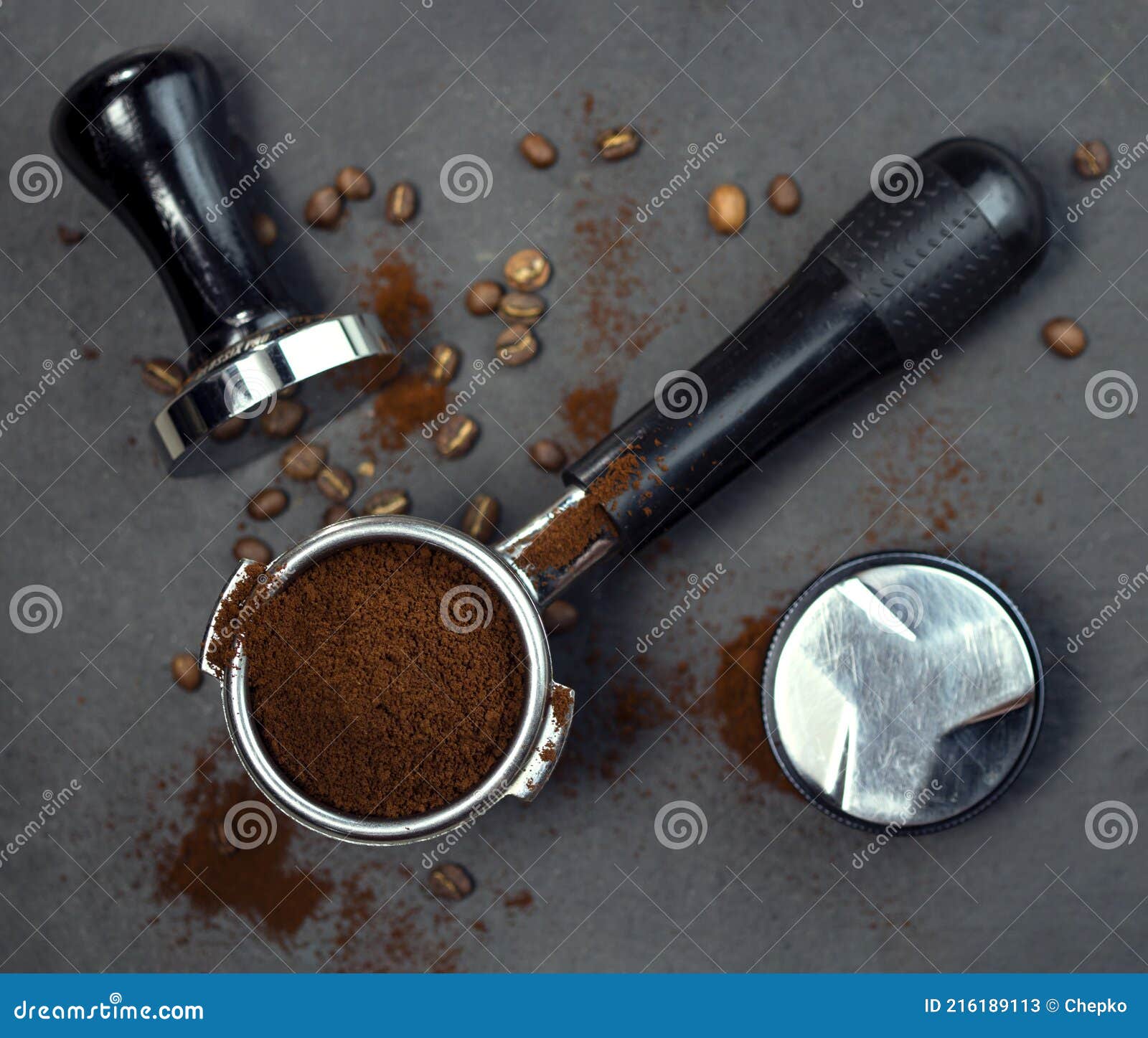 Portafilter with Coffee and Temper on Table Stock Image - Image of ...