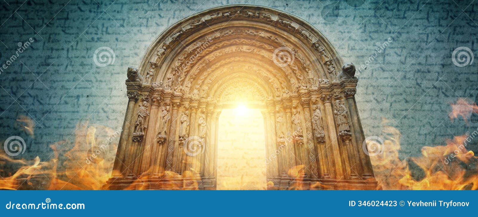 Portal of Cathedral Against Background of Biblical Texts with Effect ...