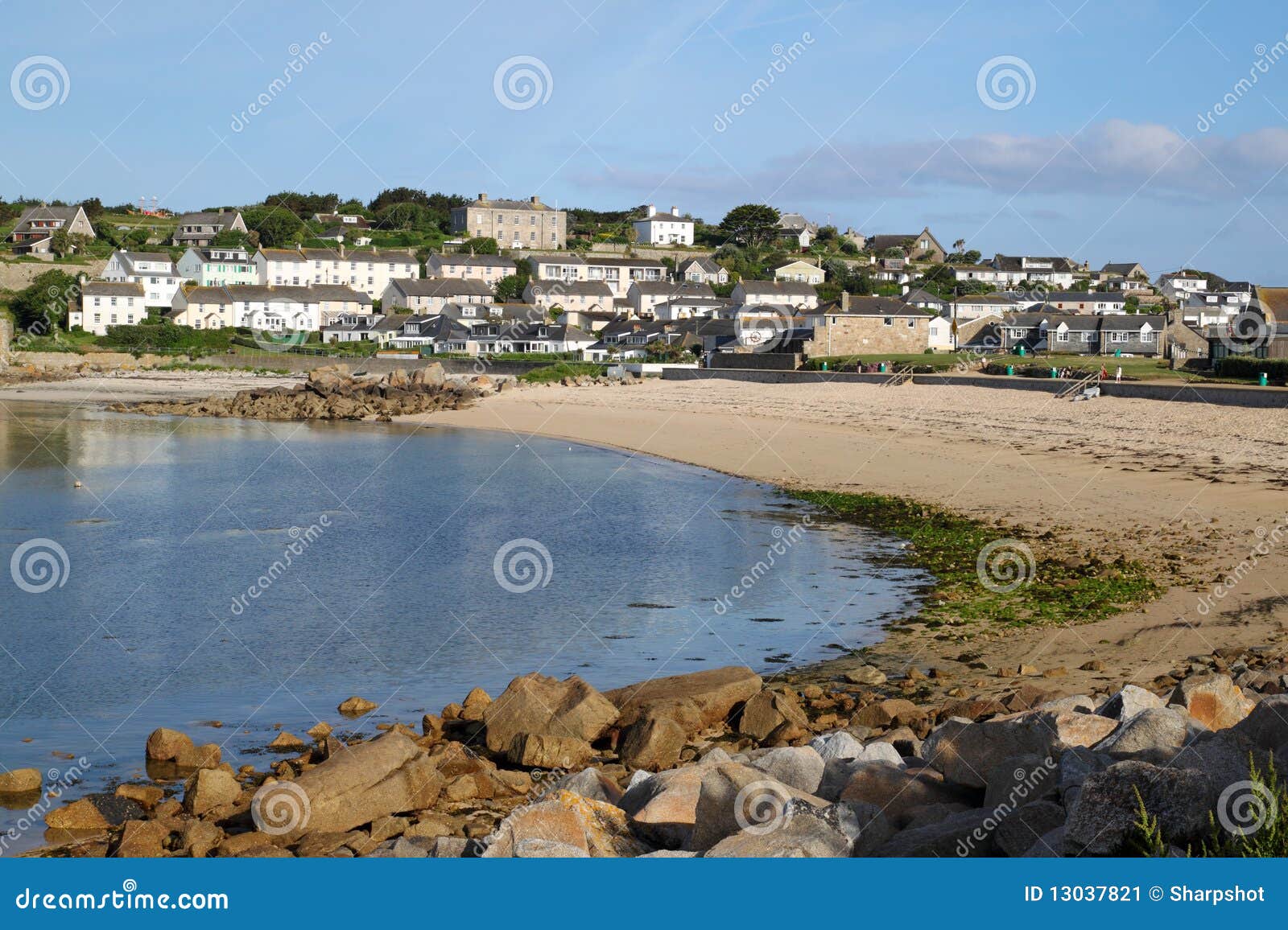 Porthcressa Beach and Hugh Town, Isles of Scilly. Stock Image - Image ...