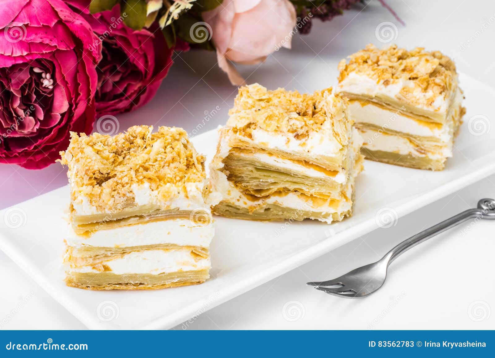 Portion Cake of Puff Pastry with Vanilla Butter Cream Stock Image ...