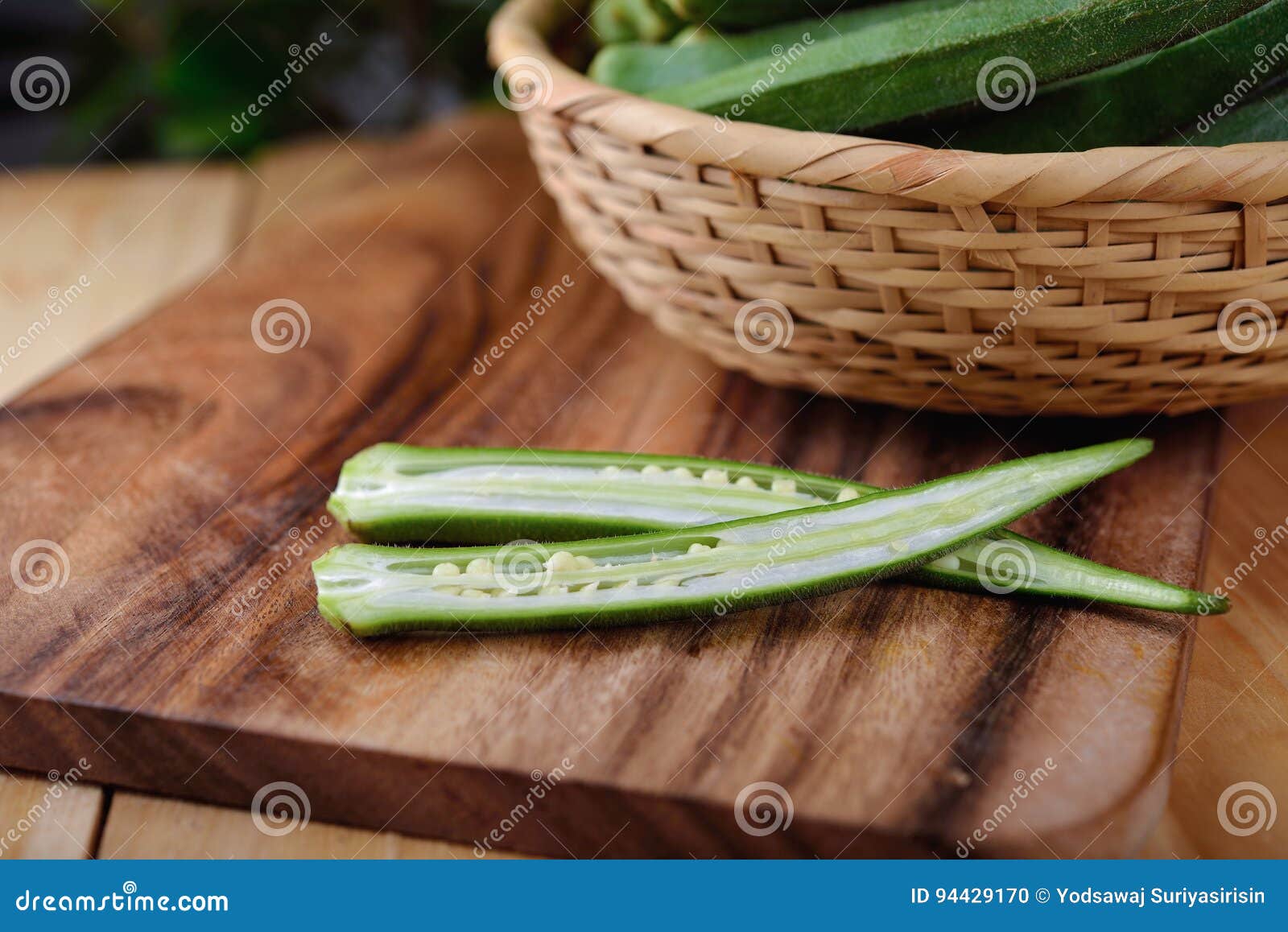Portion Cut Fresh Okra on Cutting Board Stock Photo - Image of table ...