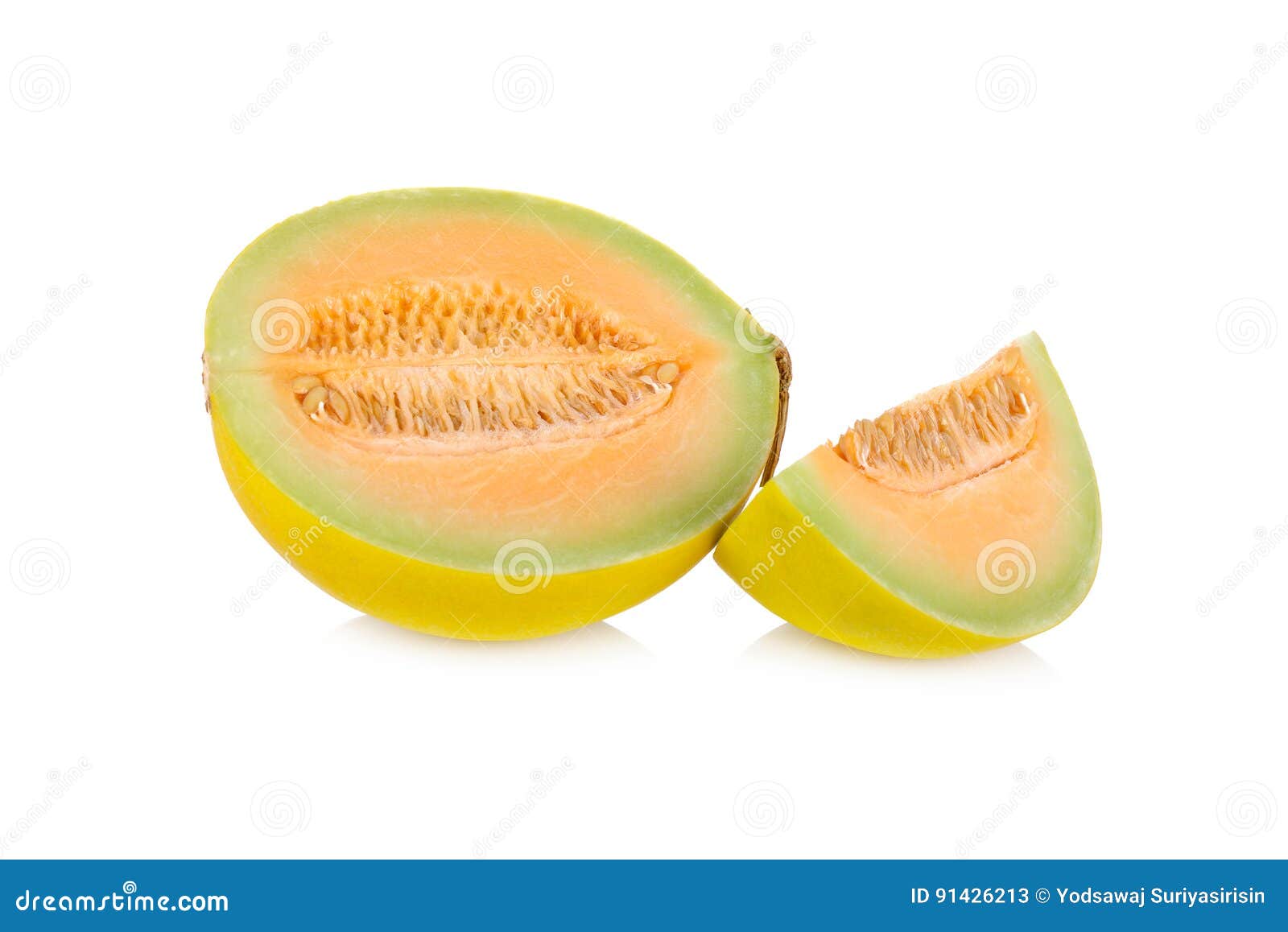 Portion Cut Fresh Yellow Melon with Stem on White Background Stock ...
