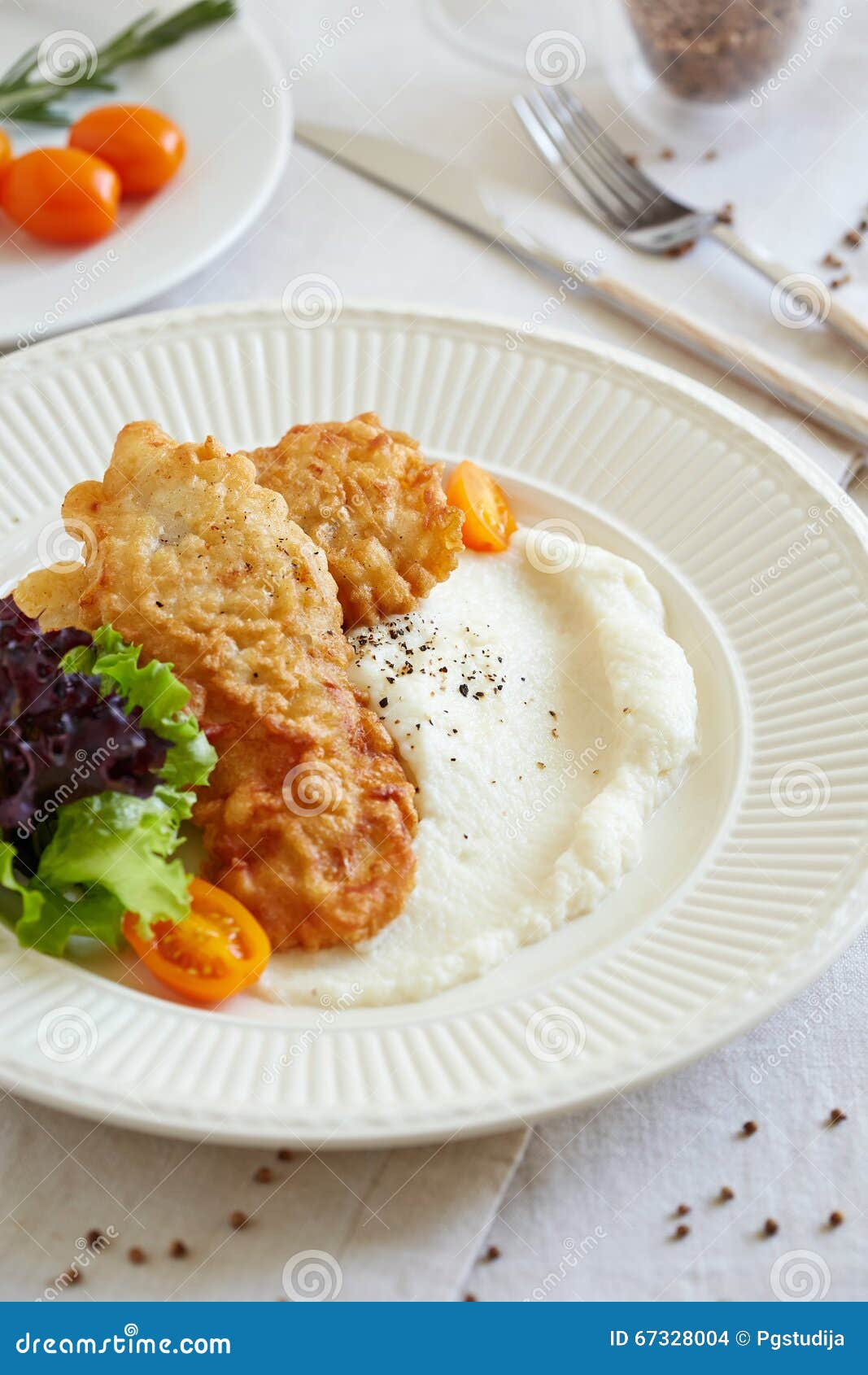 A Portion of Fried Fish with Cauliflower Puree Stock Photo - Image of ...