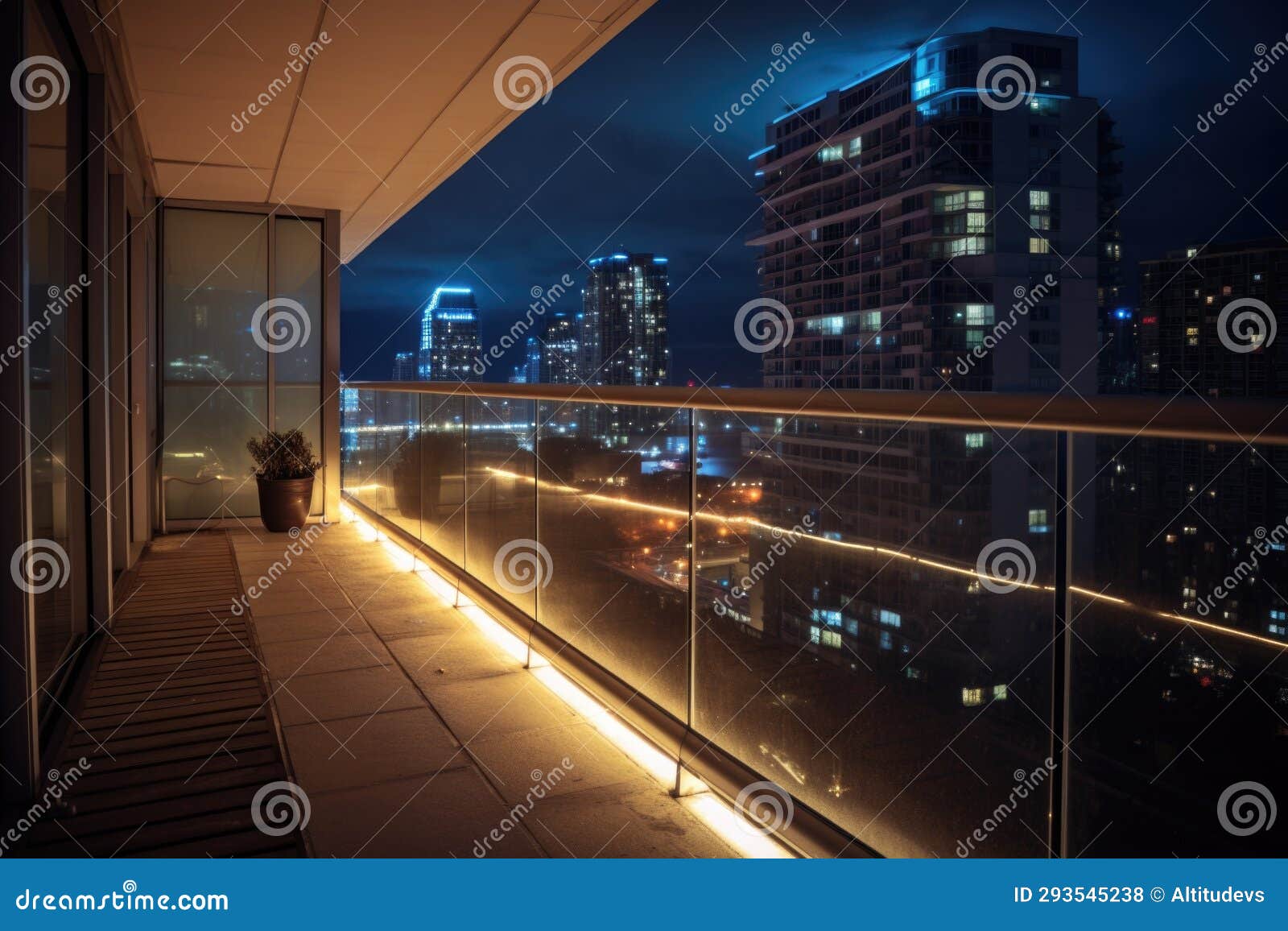 Portion of a High-rise Balcony with Glass Railing and Floor Lighting ...