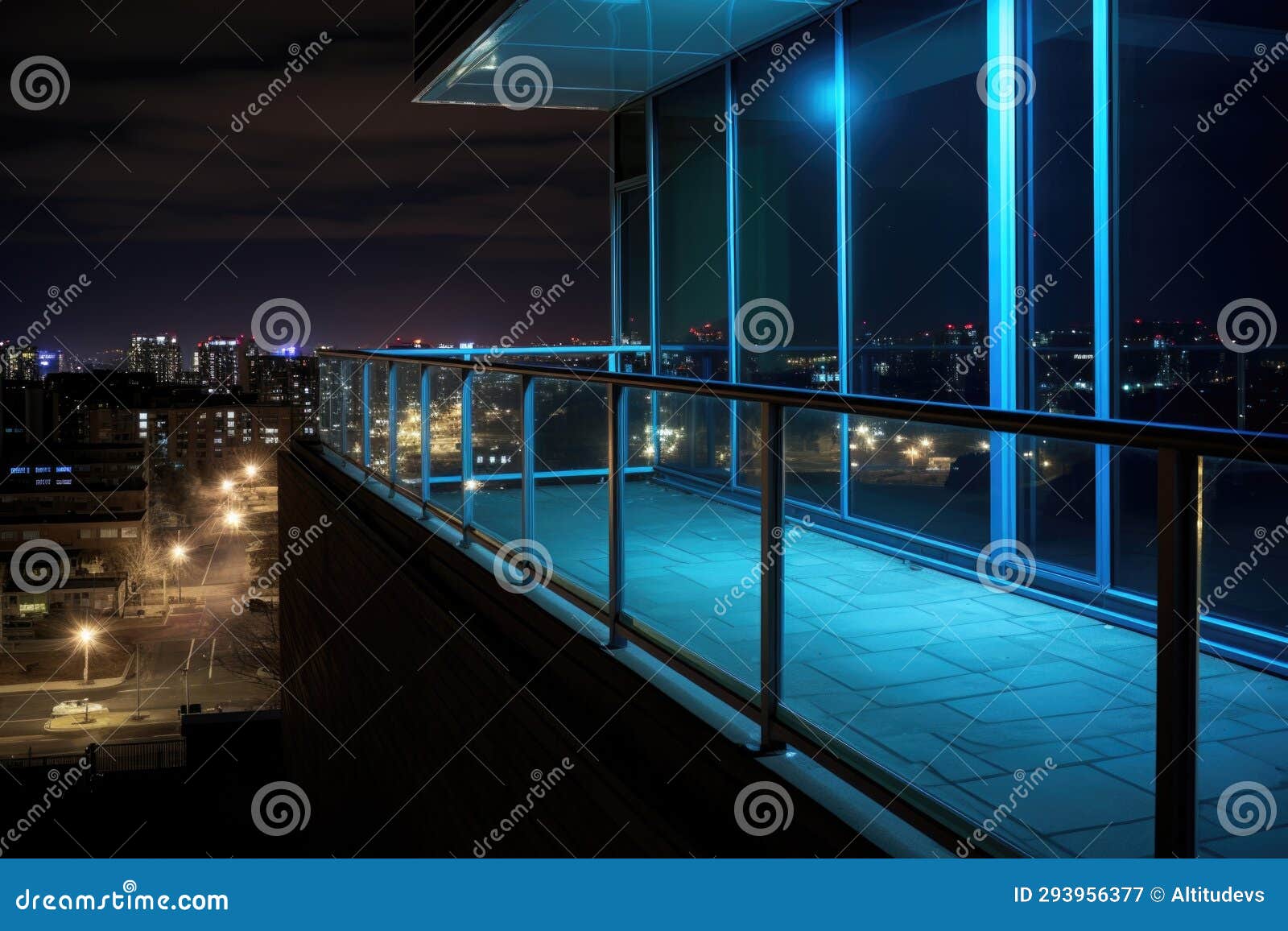 Portion of a High-rise Balcony with Glass Railing and Floor Lighting ...