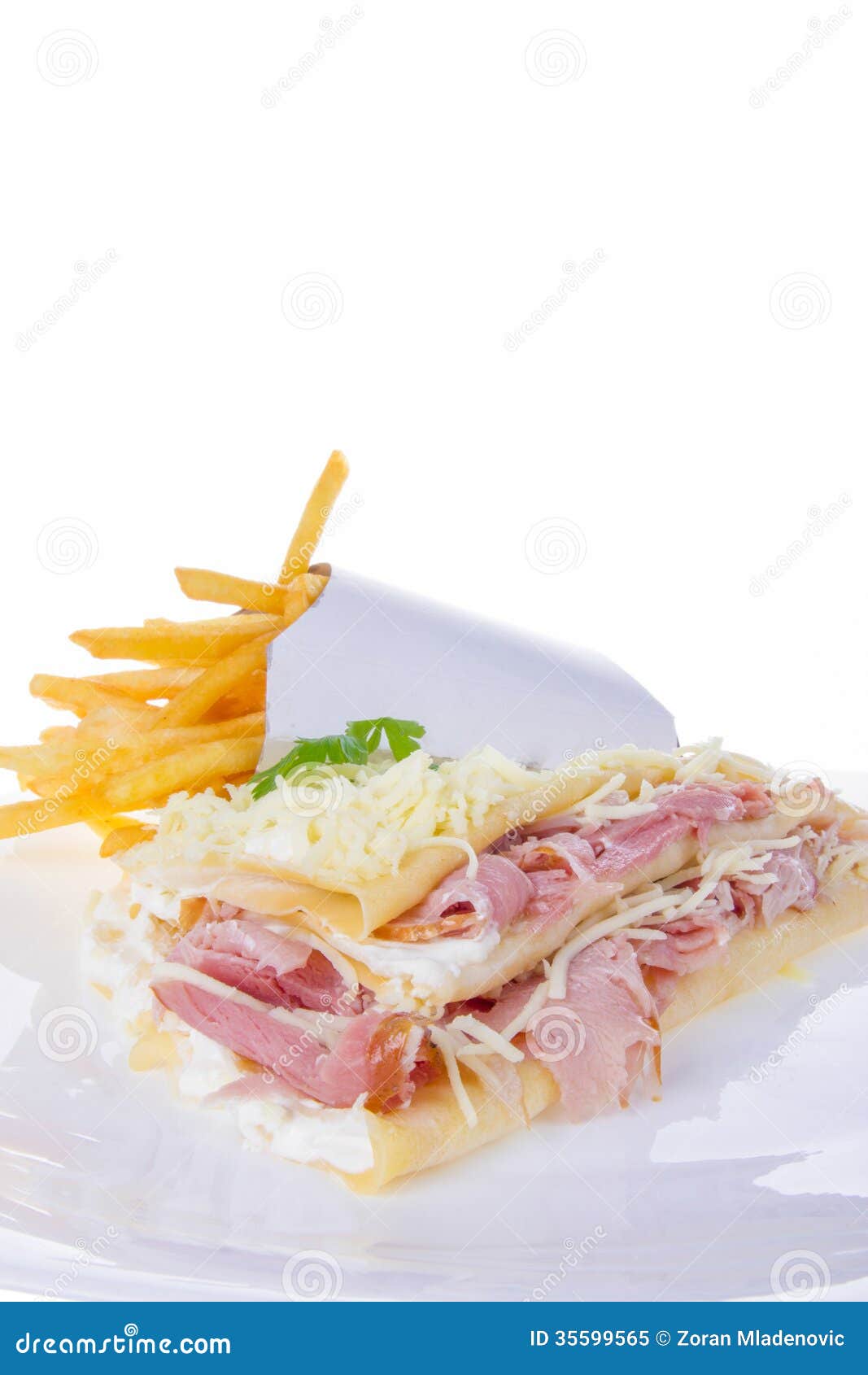 Portion of Pancake with French Fries Stock Image - Image of cheese ...