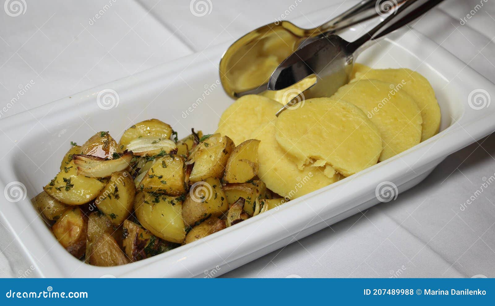 Portion Potatoes of Two Types on One Plate. Rectangular White Plate ...