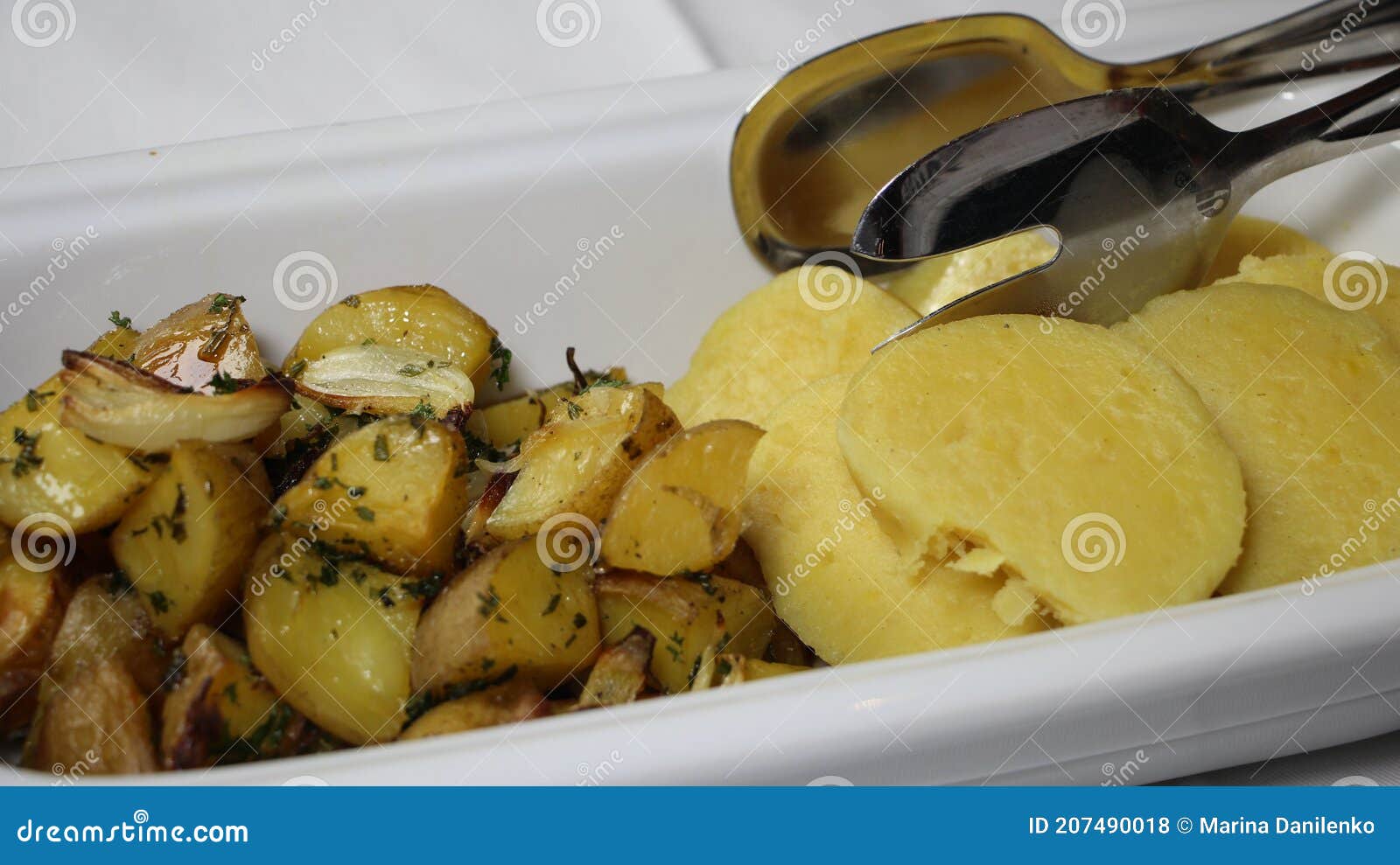 Portion Potatoes of Two Types on One Plate. Rectangular White Plate ...