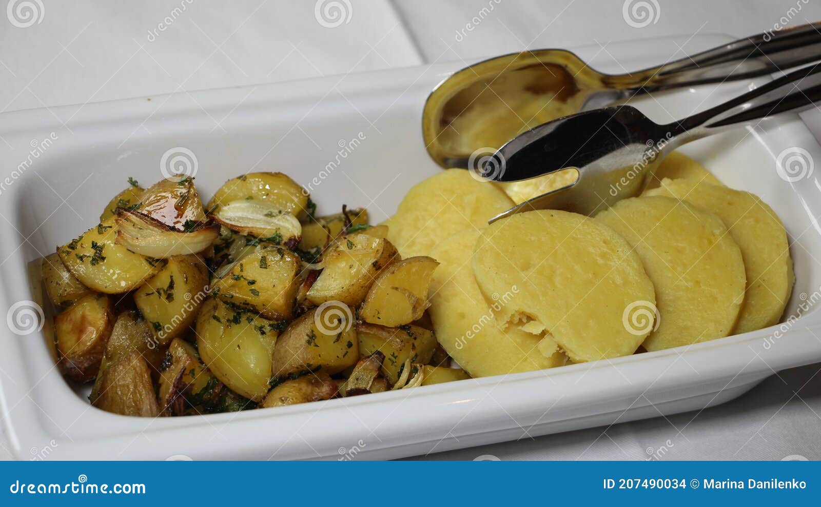 Portion Potatoes of Two Types on One Plate. Rectangular White Plate ...