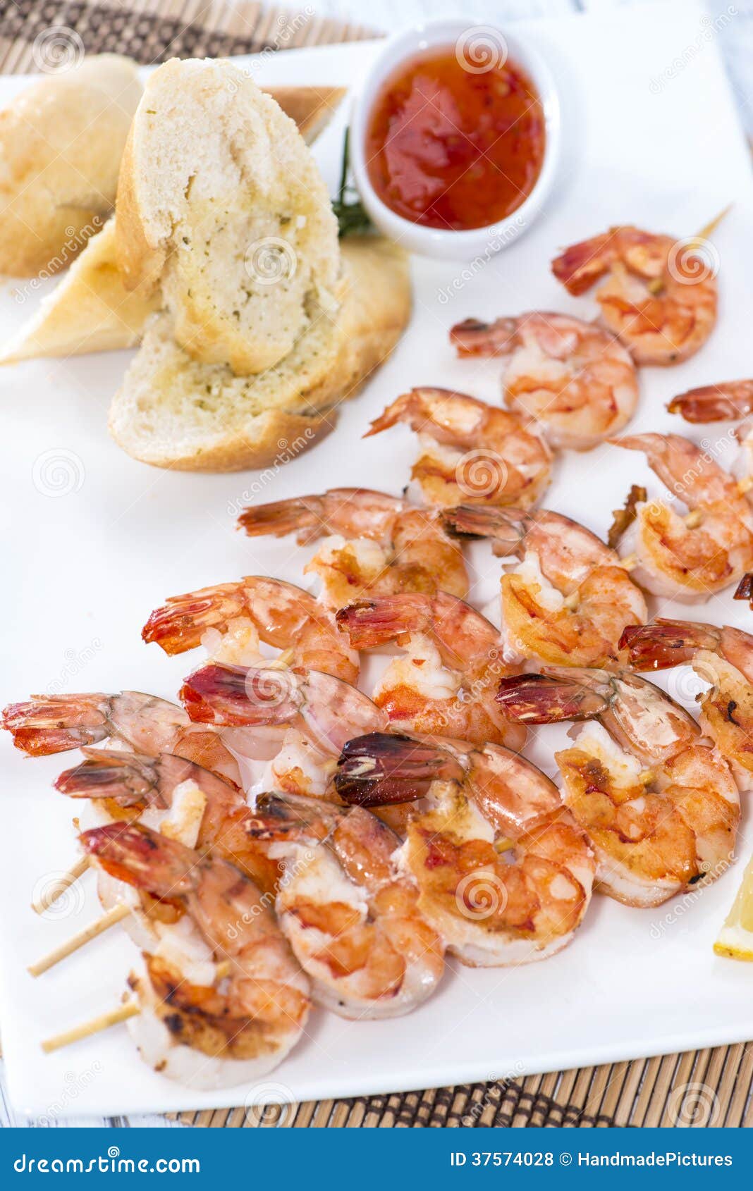 Portion of Prawns with Garlic Bread Stock Photo - Image of shrimp, meal ...