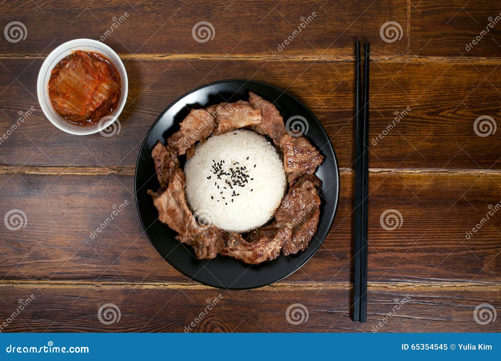 Portion of Rice with Meat on the Plate with Kimchi Stock Image - Image ...