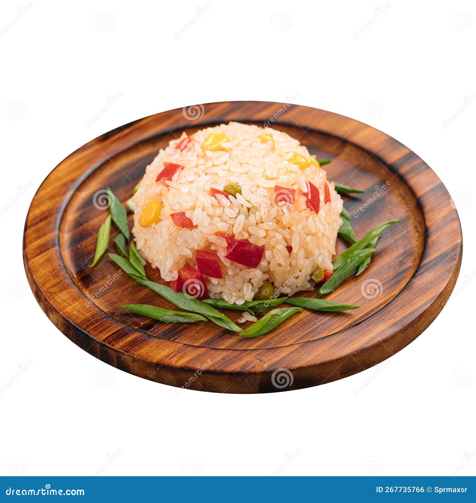 Portion of Rice with Vegetables on Wooden Plate Stock Photo - Image of ...