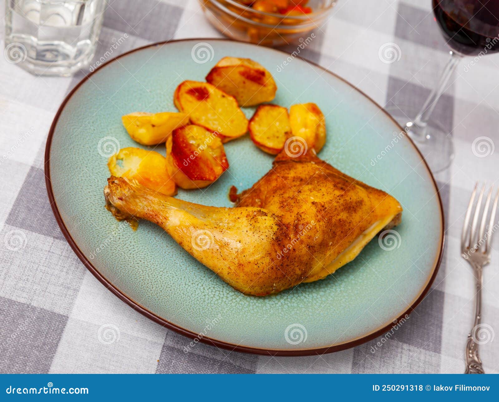 Portion of Roasted Chicken Leg with Potatoes Stock Photo - Image of ...