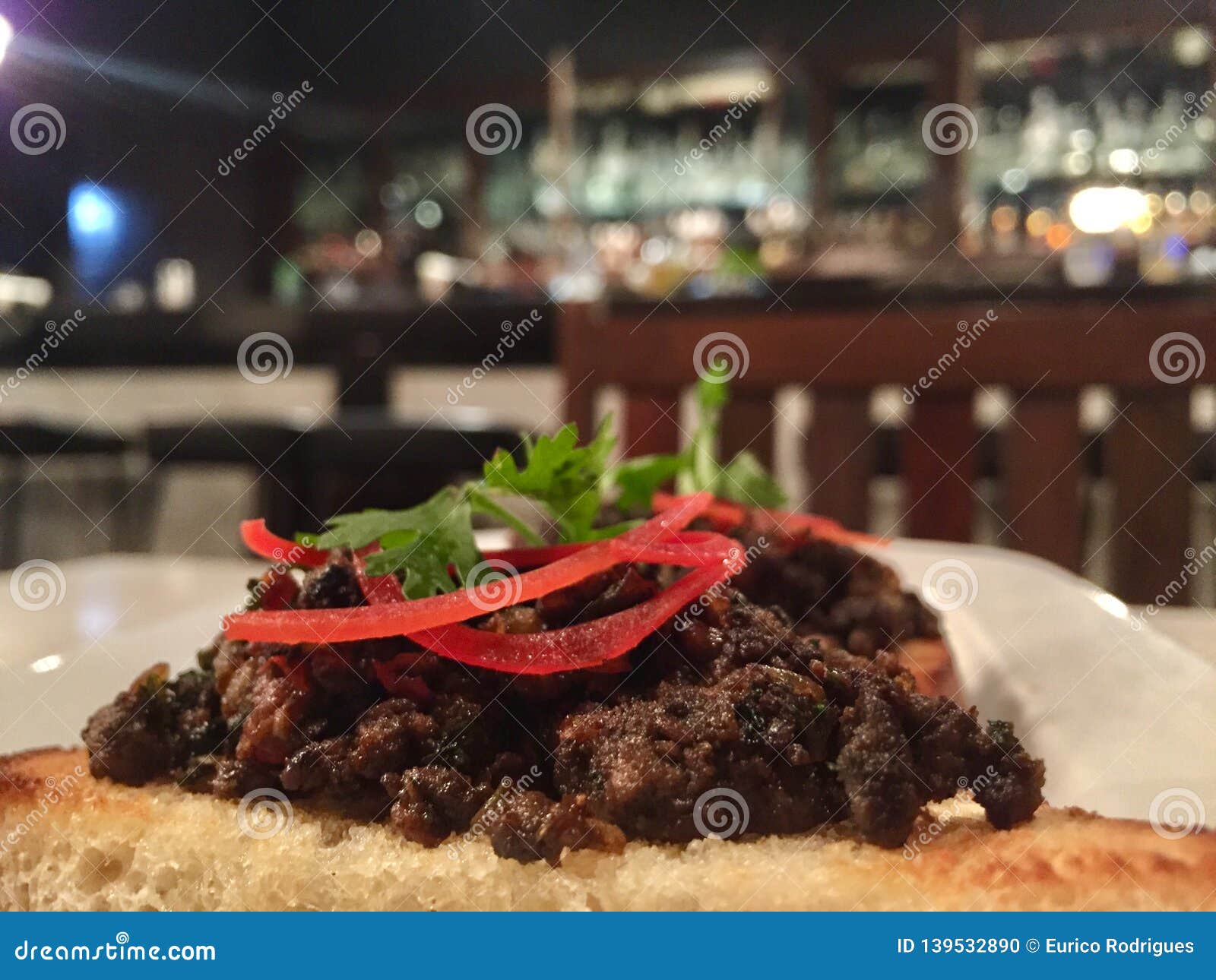Minced mutton on a toast stock photo. Image of bread - 139532890