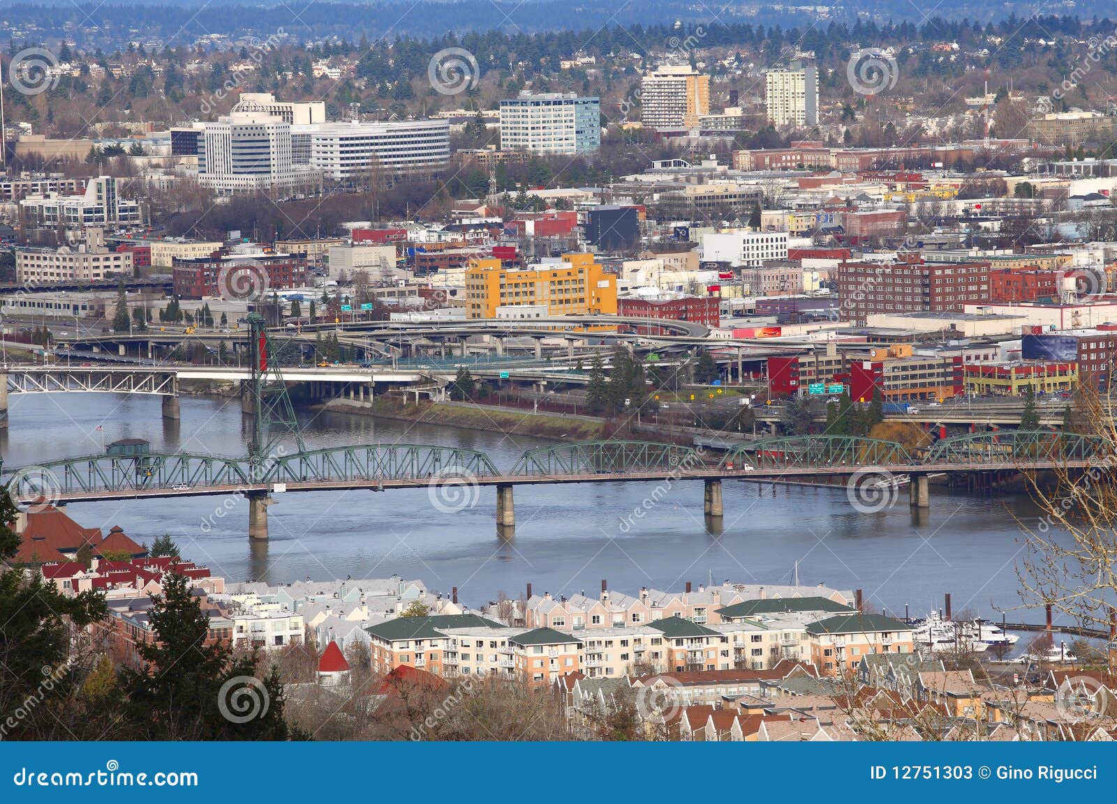 Portland Hawthorne Bridge & Industrial Area. Stock Image - Image of ...