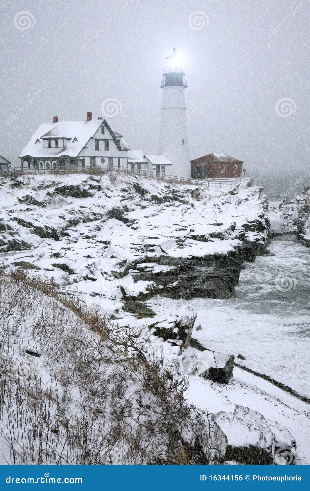 Portland Head Light Snow Storm Stock Photo - Image of protect ...