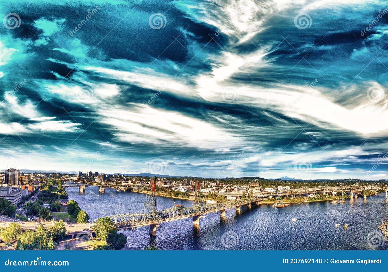 Portland, Oregon. Sunset Panoramic Aerial View Stock Photo - Image of ...