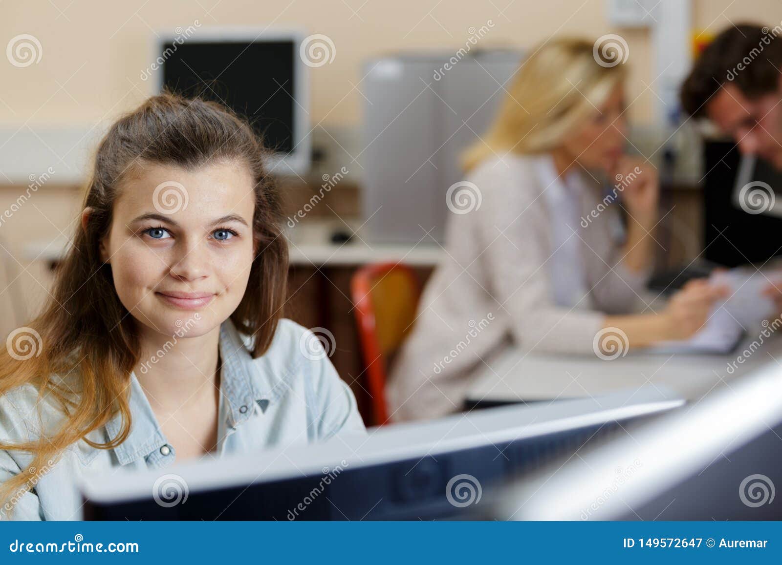 Portrait Adolescent Female Student Sat at Computer Stock Image - Image ...