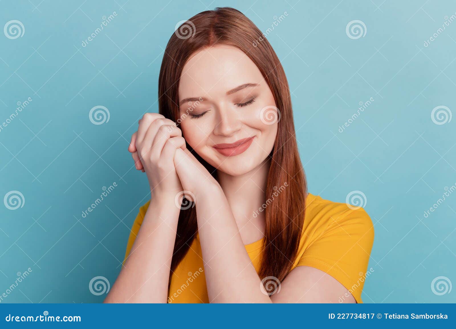 Portrait Of Adorable Positive Lady Hands Cheek Close Eyes Dreaming On
