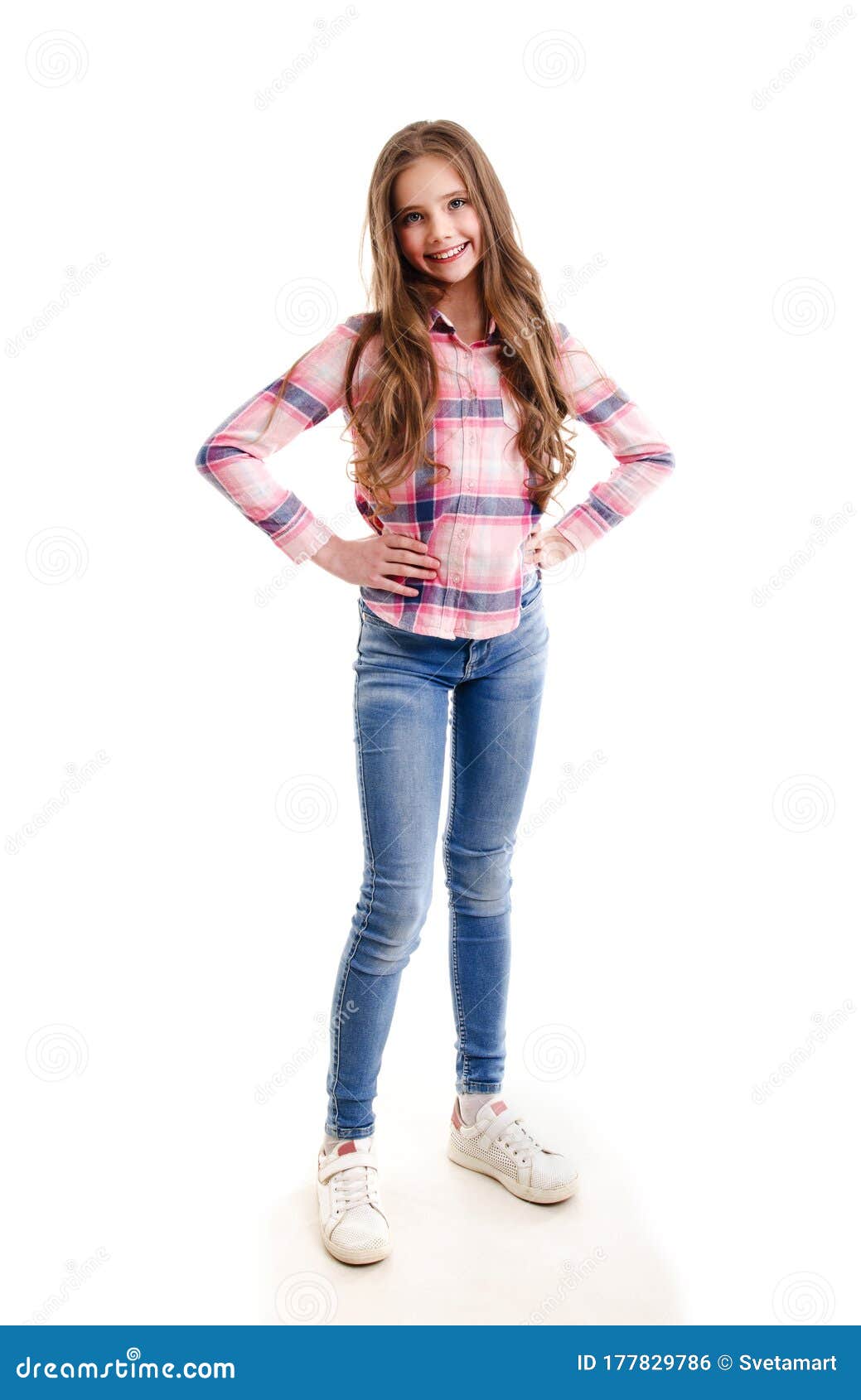 Portrait of Adorable Smiling Little Girl Child Preteen Standing in ... Portrait of Adorable Smiling Little Girl Child Preteen Standing in ...